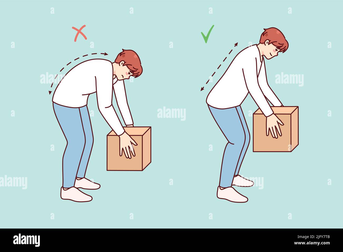 Correct technique of lifting heavy packages. Man lift box wrong and ...