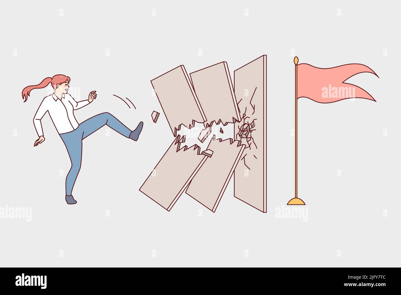 Determined Woman Break Wall With Leg Kick Motivated Businesswoman Find