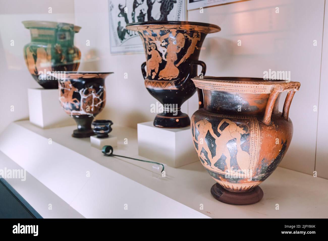 28 May 2022, Antalya, Turkey: Classical Greek clay vases and jugs with ...