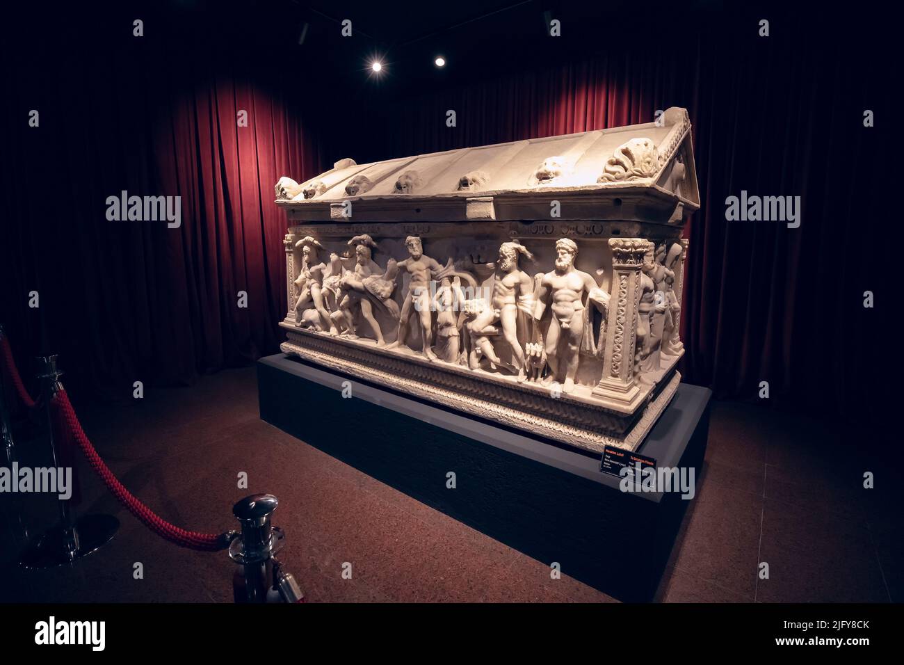 28 May 2022, Antalya, Turkey: Heracles Sarcophagus with carved bas ...