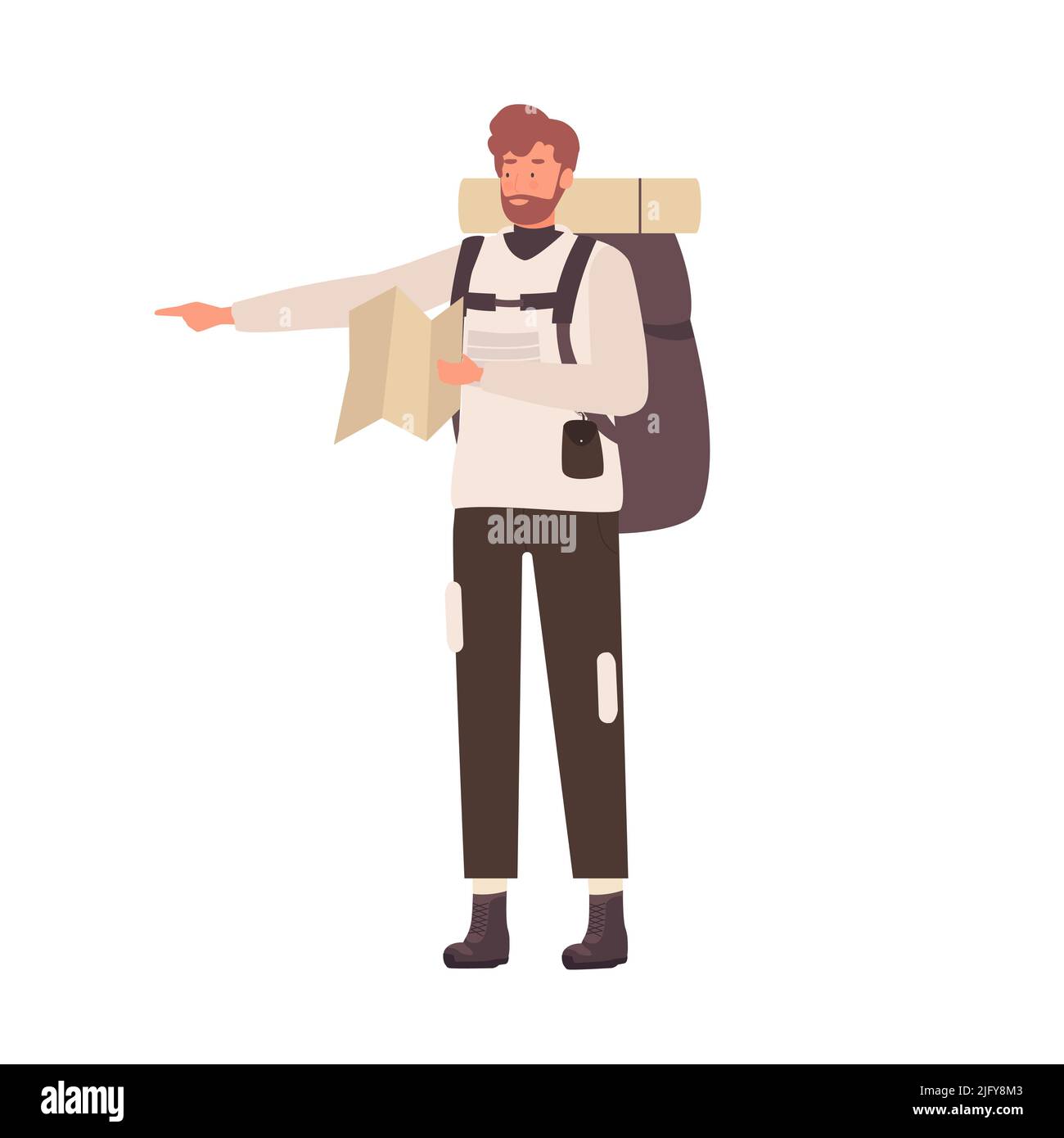 Male tourist showing direction with map. Hiking man with backpack ...