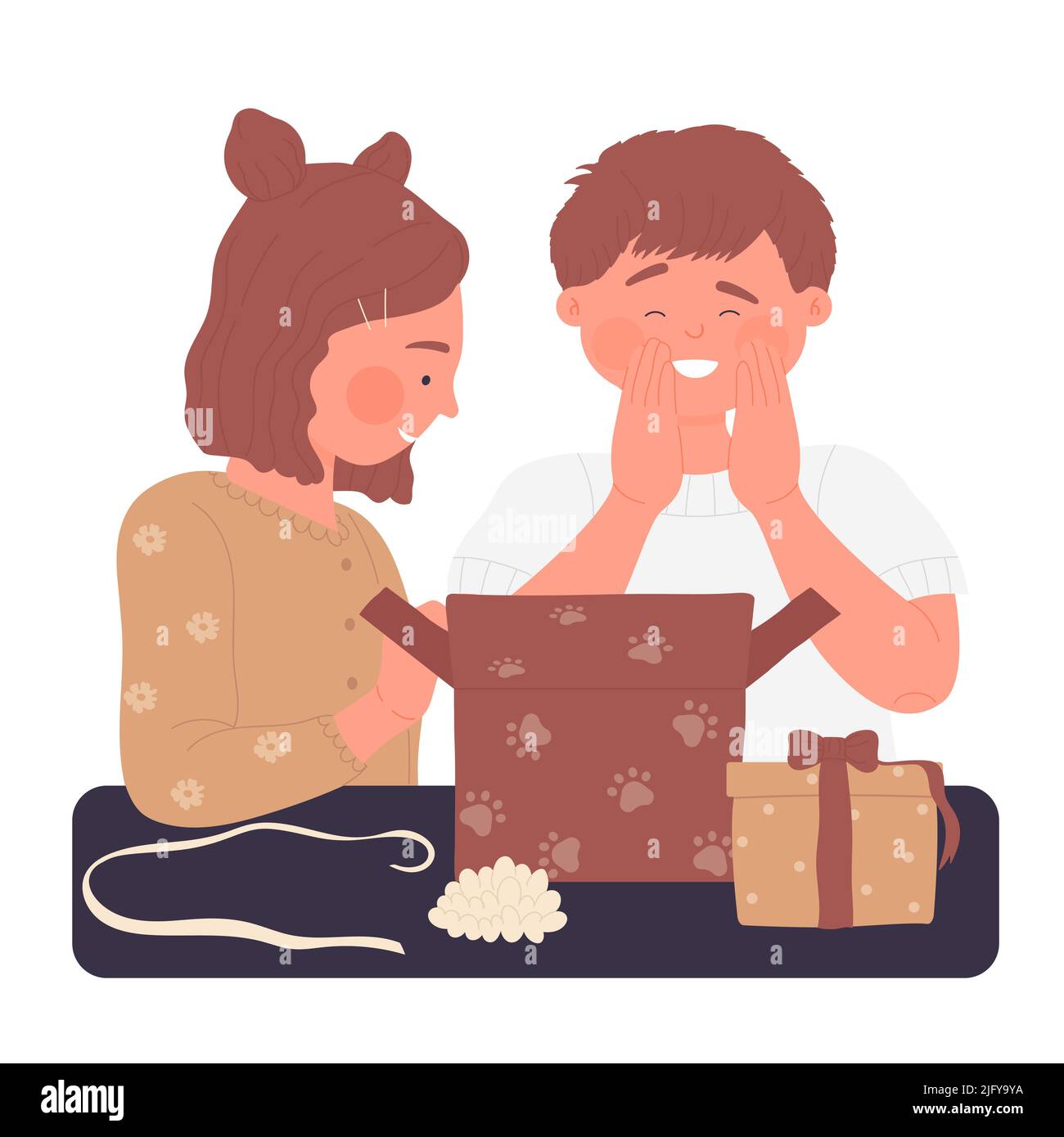 Happy children unpacking gifts. Excited kids opening surprise presents ...