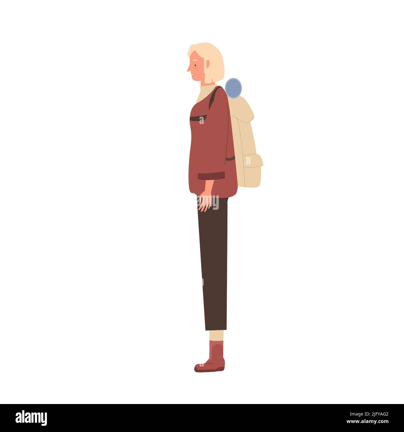 Side view of standing female tourist. Travelling equipment, outdoor camping vector illustration ...