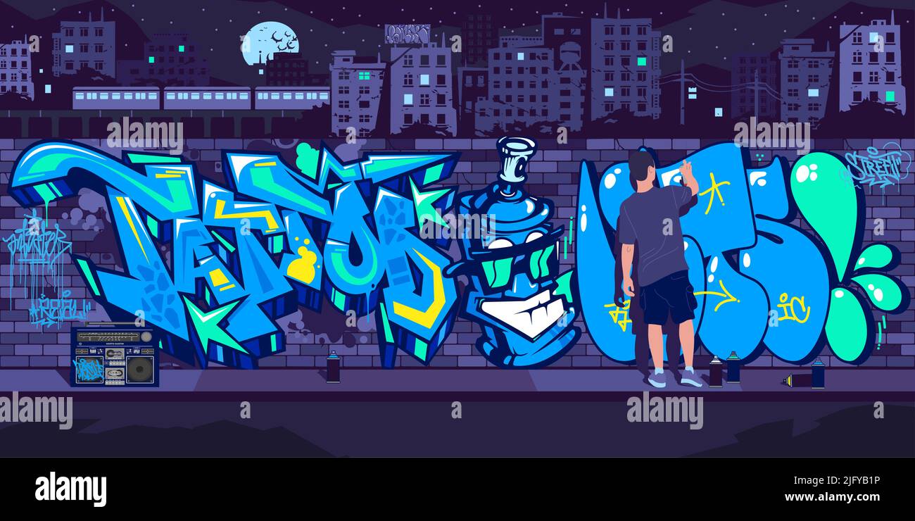 Dark Urban Graffiti Wall With Street Artist Painting Graffiti Drawings ...