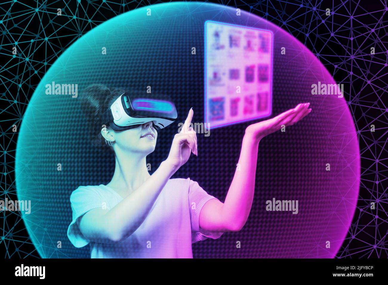 Collage of virtual reality. Portrait of young woman in VR glasses ...