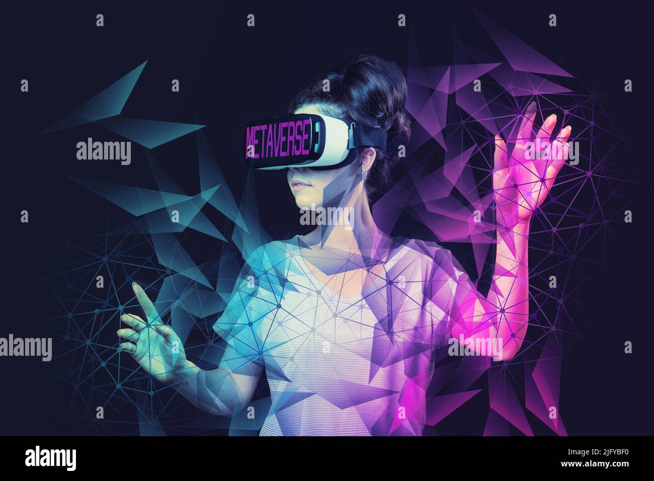 Futurism collage. A young woman in VR glasses creates neon abstract ...