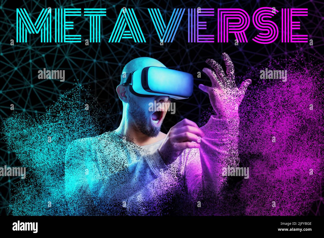 Portrait of shocked disappearing bald and bearded man in VR glasses ...