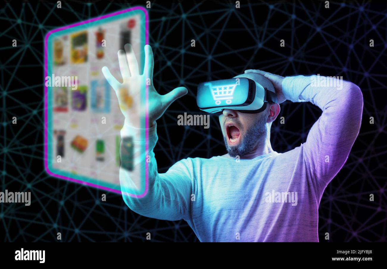 Collage of virtual reality. Portrait of shocked man in VR glasses ...