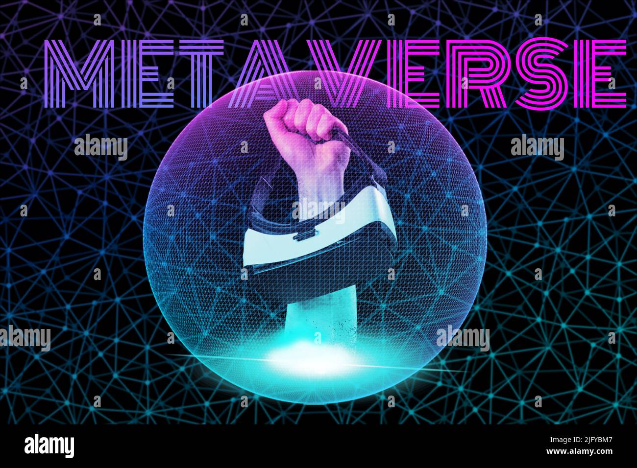 Mataverse collage. A man's hand encased in a digital sphere holds ...