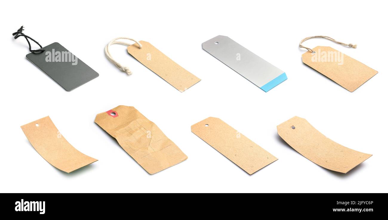 Set of blank cardboard tags for product. Studio shoot isolated on white ...