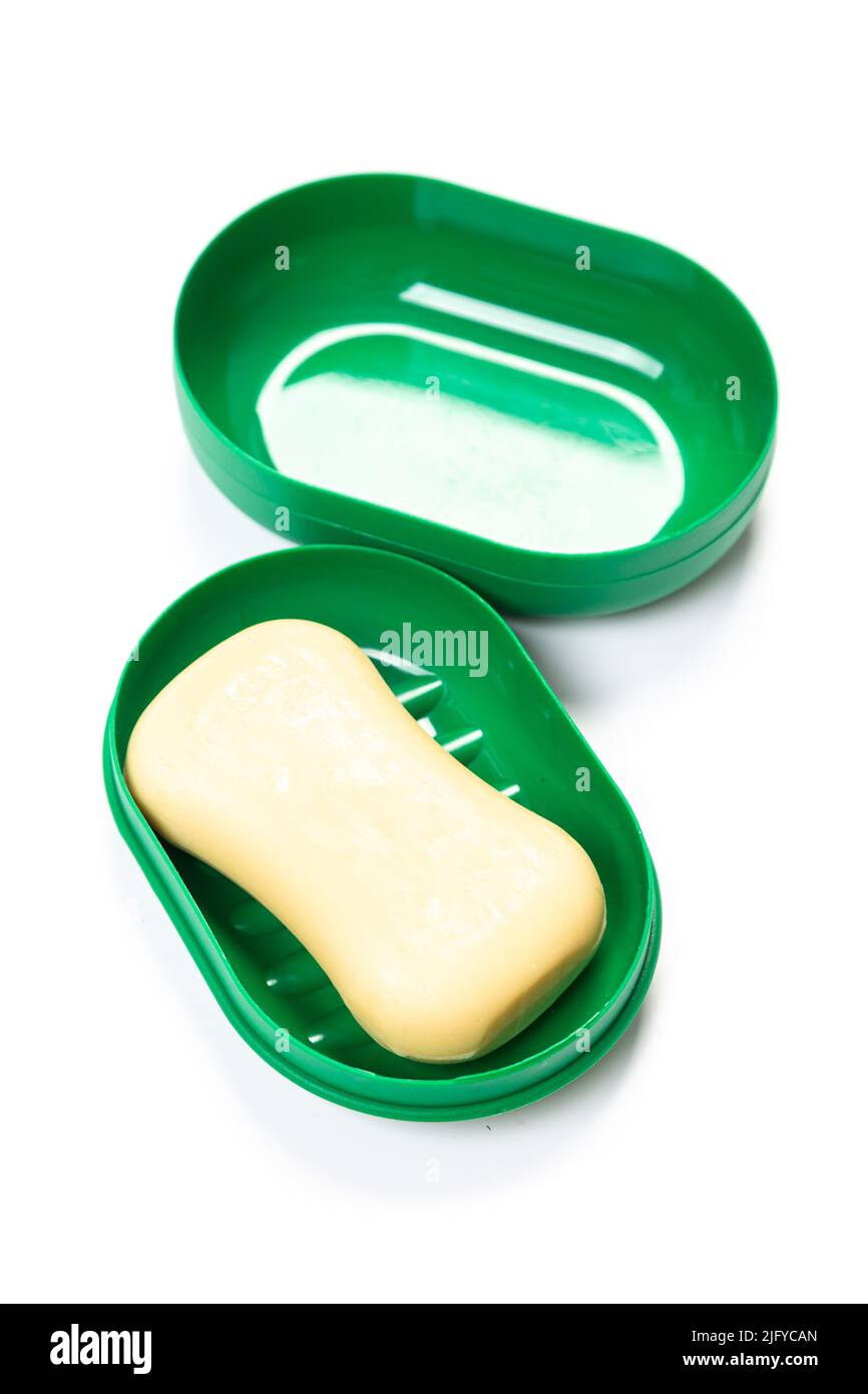 Soap in PLASTIC COLORED soap dish isolated on white background Stock ...