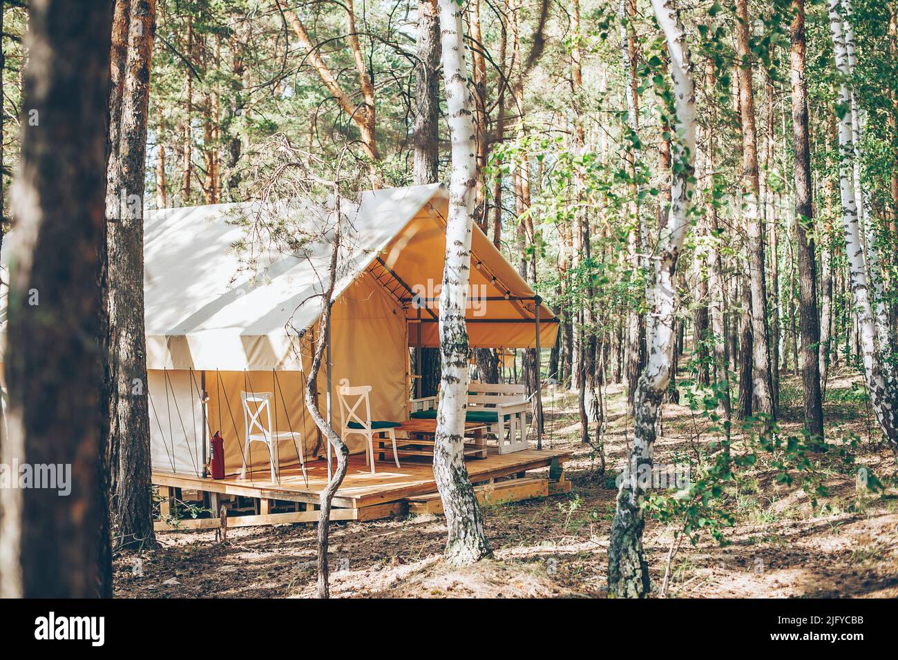 Glamping tent. View on woods Stock Photo - Alamy