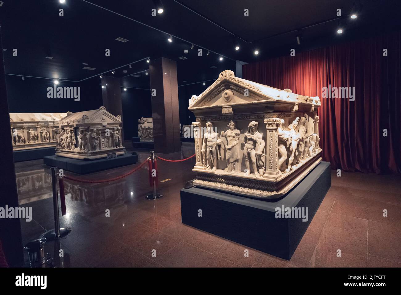 28 May 2022, Antalya, Turkey: Heracles Sarcophagus with carved bas ...