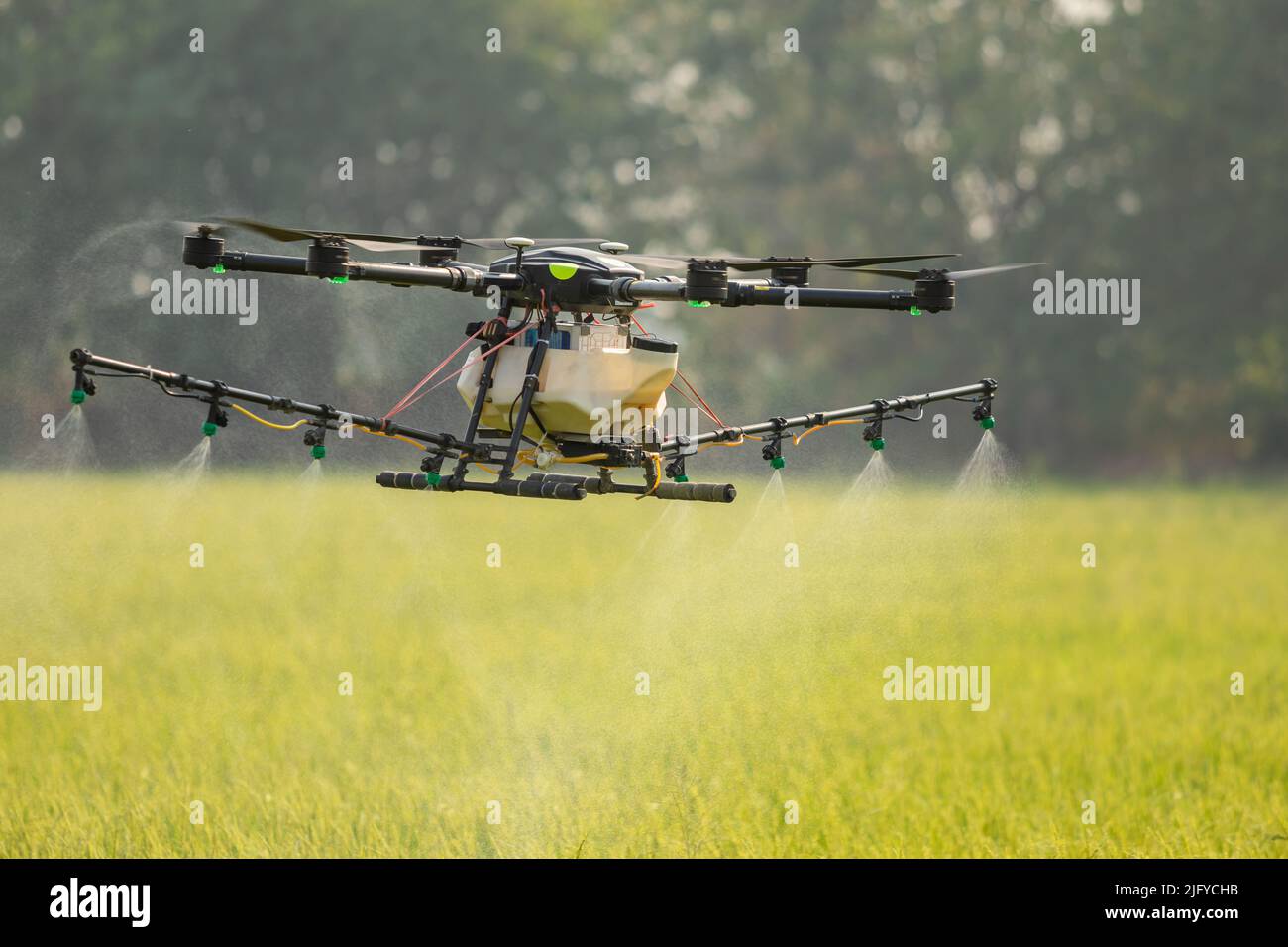 Big agriculture drone flying over the rice field to sprayed chemical or ...