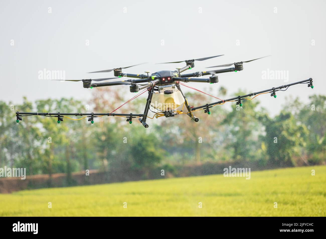 Big agriculture drone flying over the rice field to sprayed chemical or ...