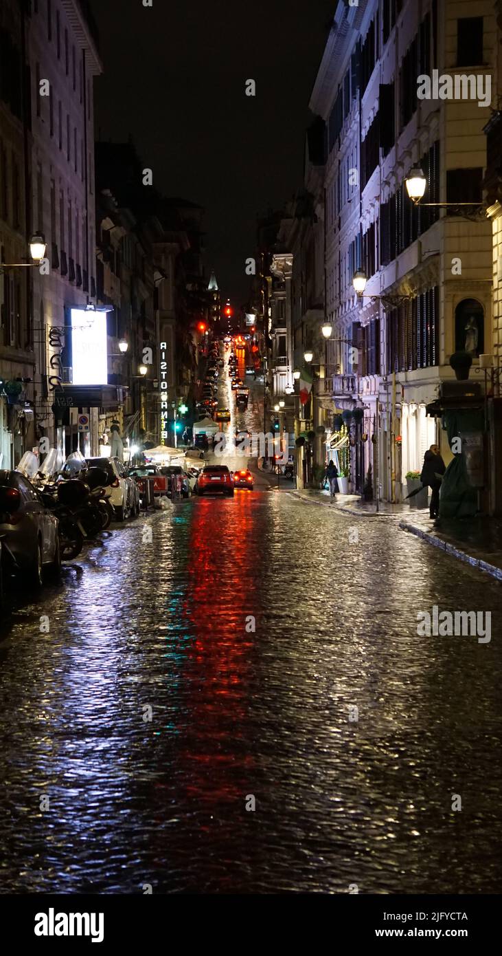 Rome, Italy, March 2022. Nightlife captured by photographing a colorful ...