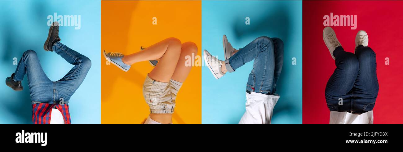 Collage with dancing, moving legs wearing shoes, sneakers, trainers ...