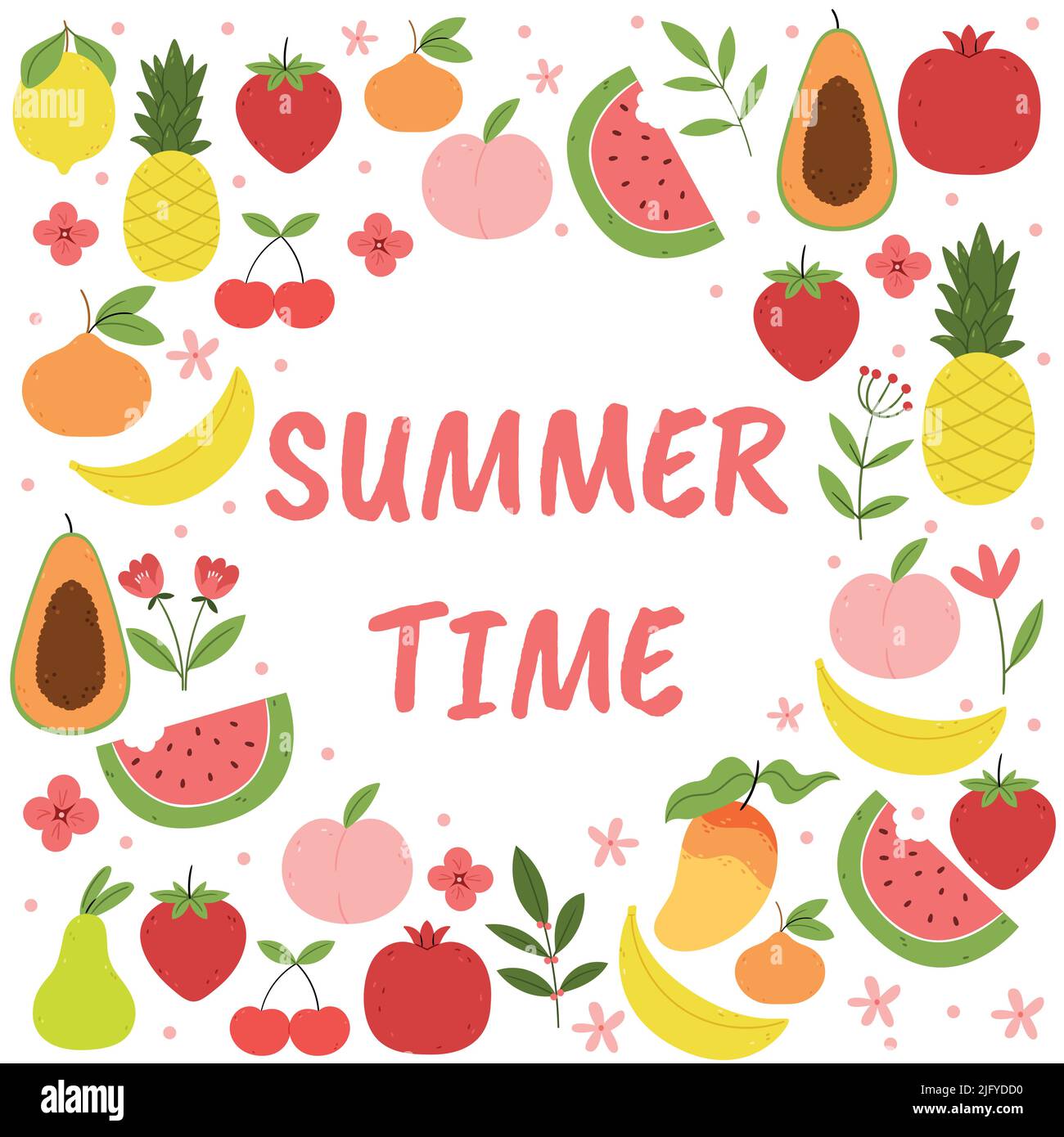 Set of summer fruits and berries.Inscription Summertime. Organic ...