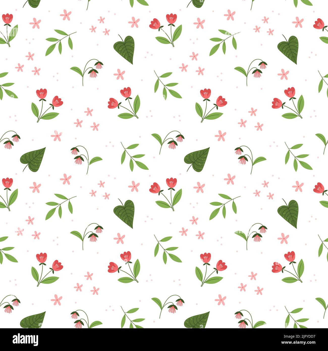 Seamless floral pattern with small pink flowers and leaves on a white ...