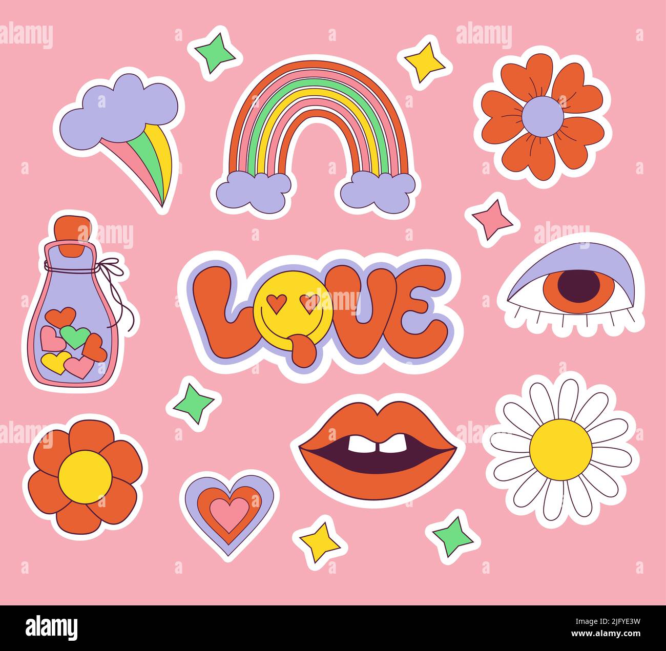 Set of love stickers retro groovy elements, cute funky hippy. Cute ...