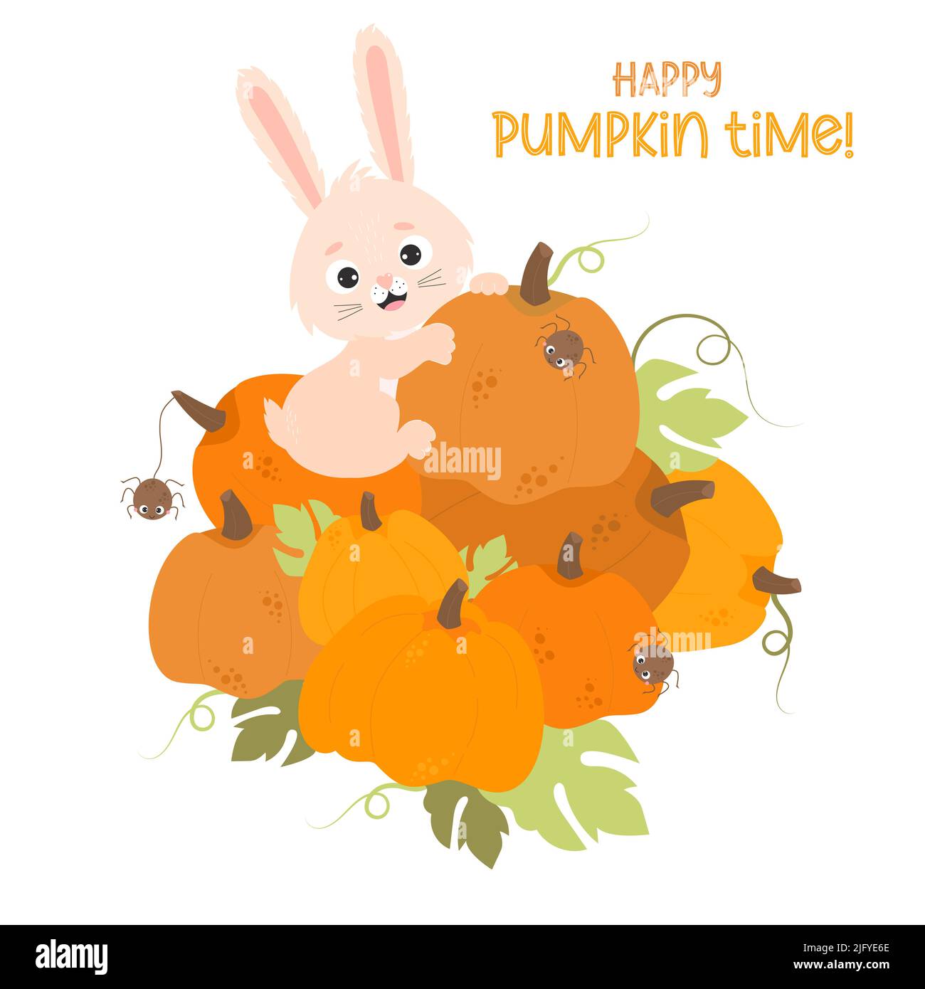 Autumn poster. Happy cute rabbit sits on huge pile of pumpkins ...