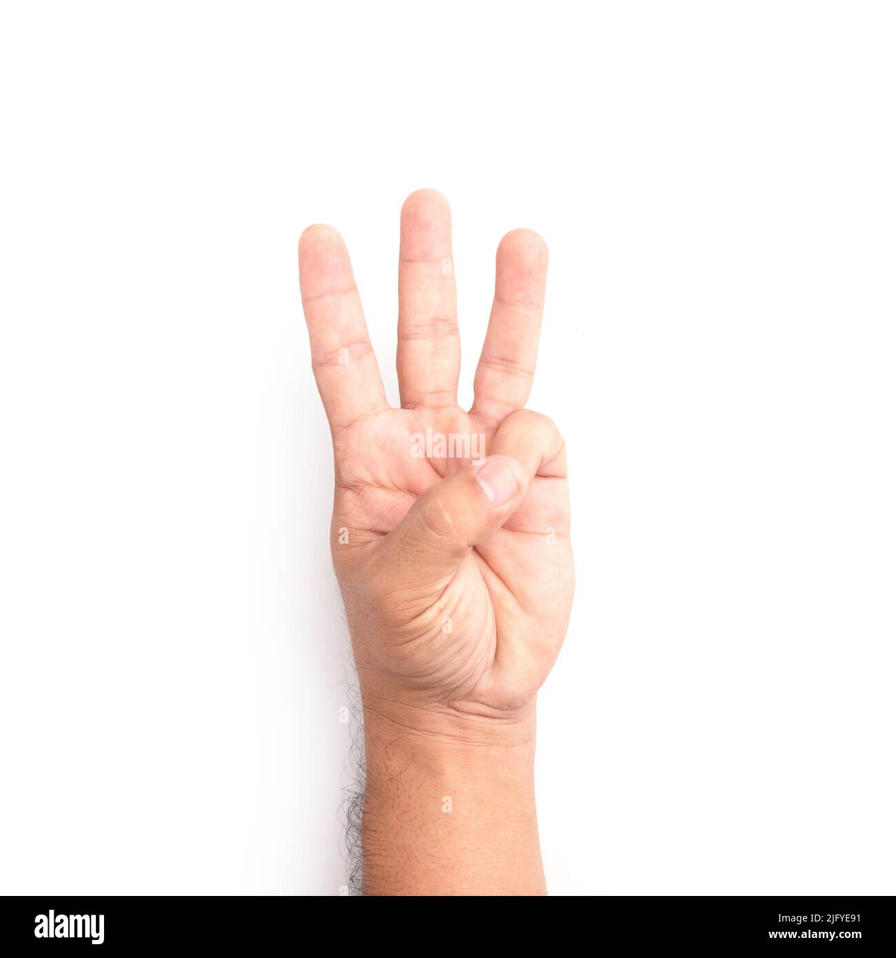 Hand showing three finger symbol isolated on white background Stock ...