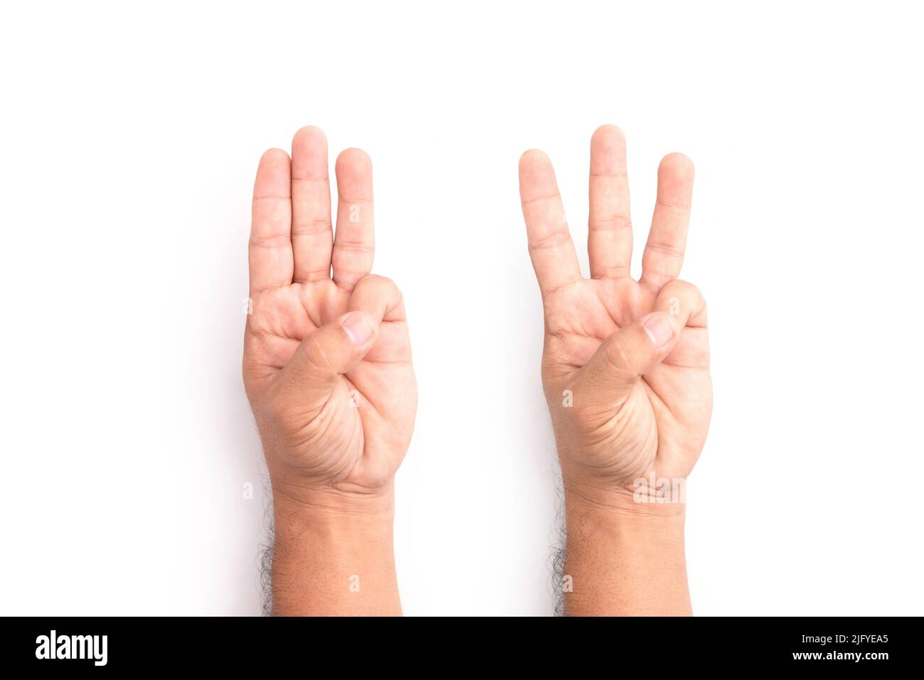 Hand showing three finger symbol isolated on white background Stock ...
