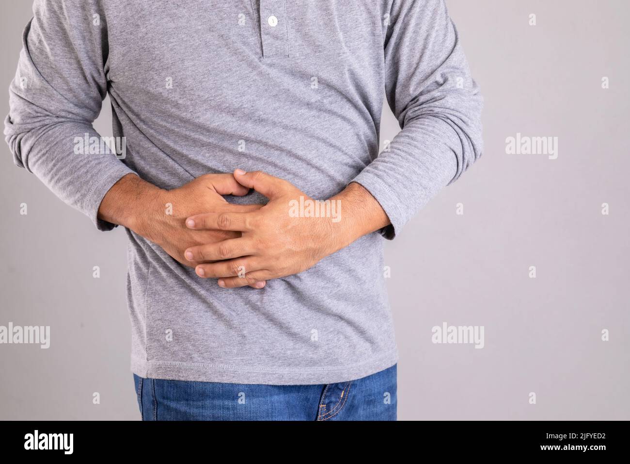 Stomach ache or pain on belly concept : Fat man using his hand and ...