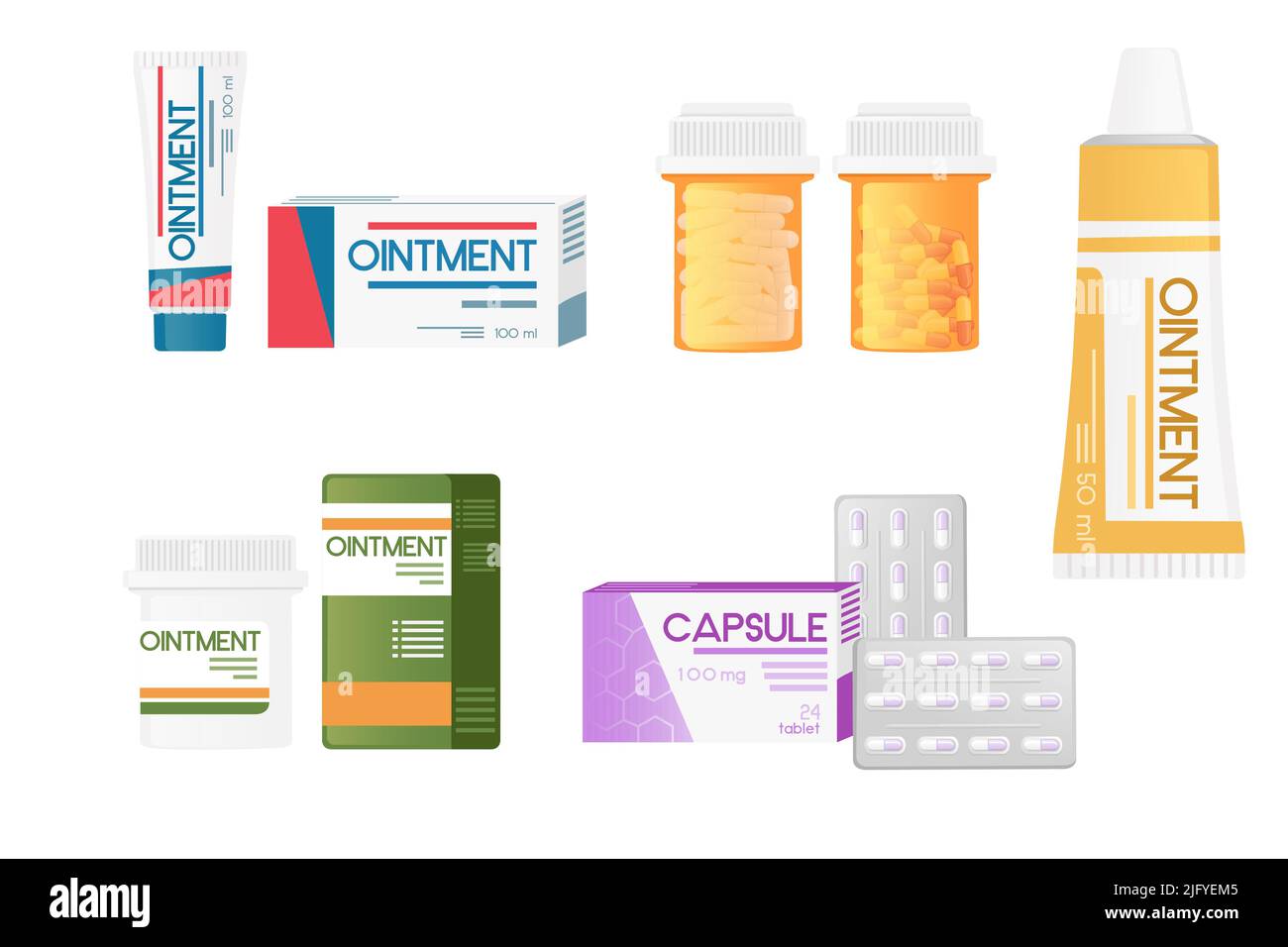 Set of ointment and tablets in different packages vector illustration ...