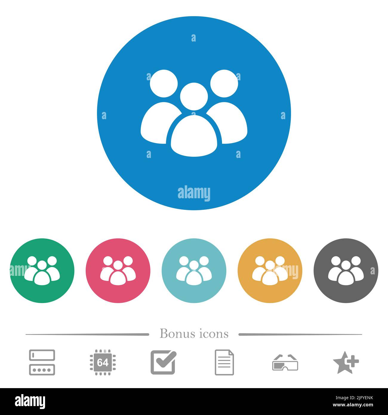 Team solid flat white icons on round color backgrounds. 6 bonus icons ...