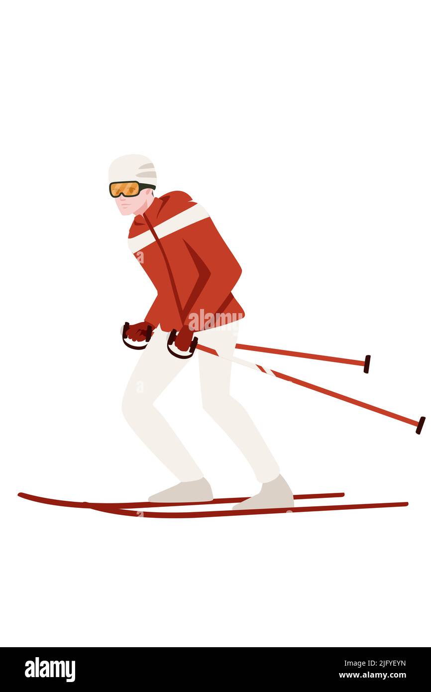 Male skier with red ski and sticks and winter jacket cartoon character ...