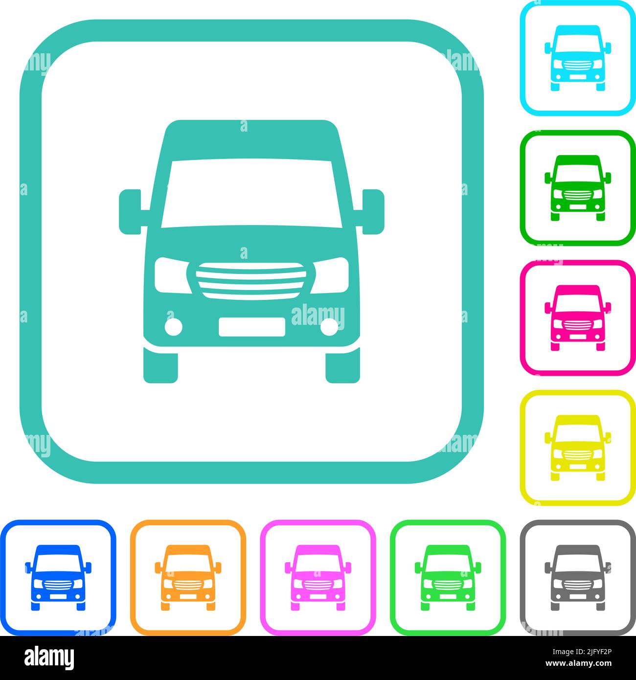 Van front view vivid colored flat icons in curved borders on white ...