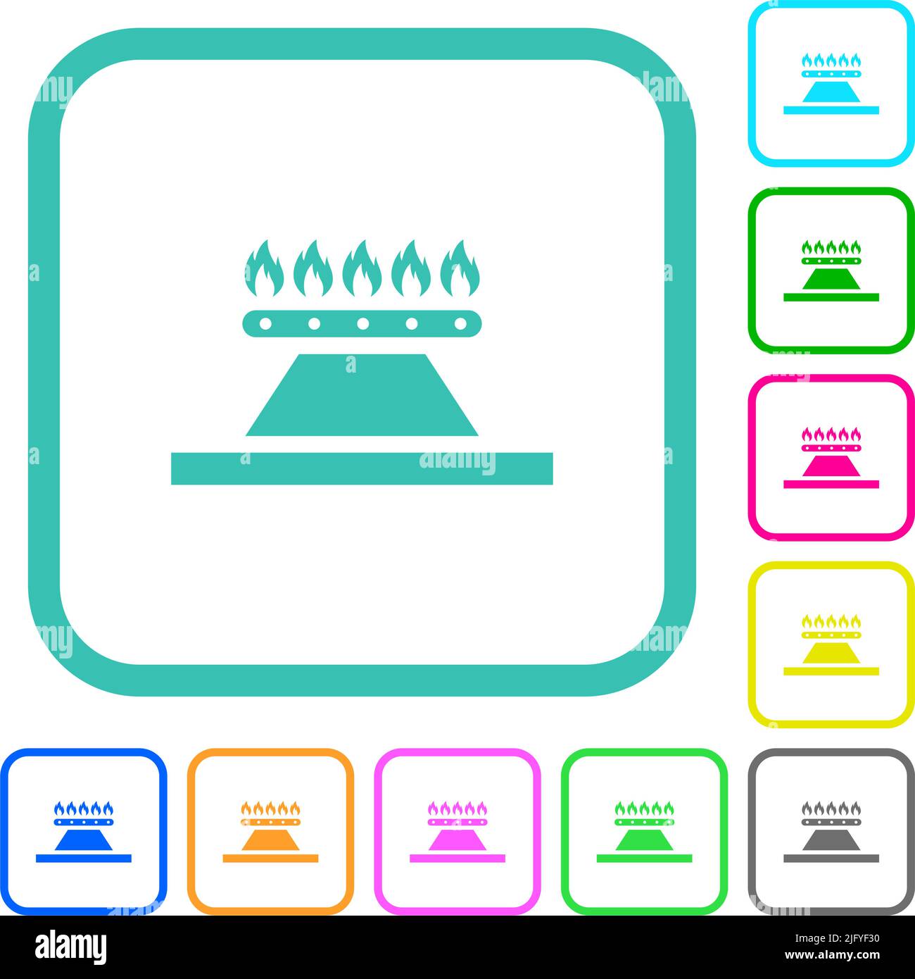 Kitchen gas stove vivid colored flat icons in curved borders on white ...