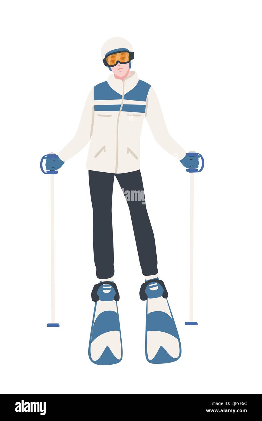 Male skier standing still with blue ski and sticks and winter jacket ...