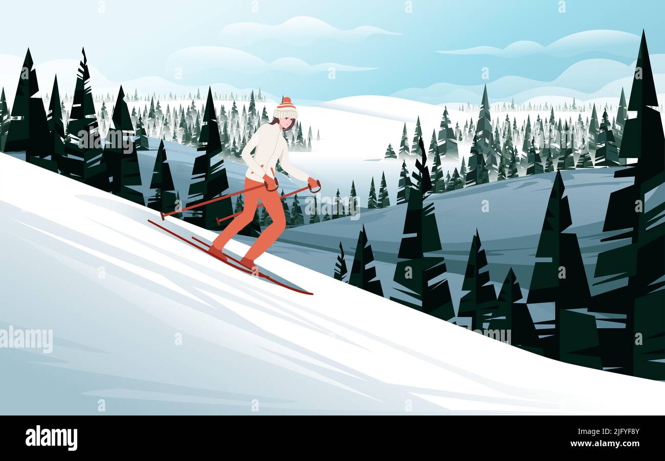 A skier is speeding down a mountain on a ski vector illustration with ...