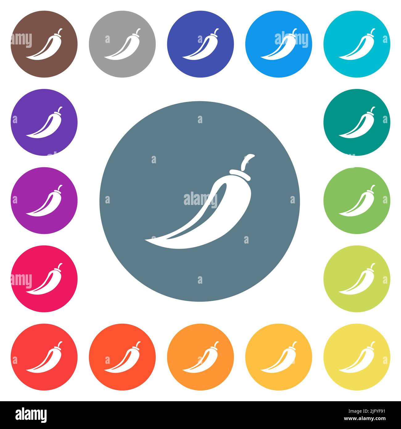 Chili pepper flat white icons on round color backgrounds. 17 background color variations are ...