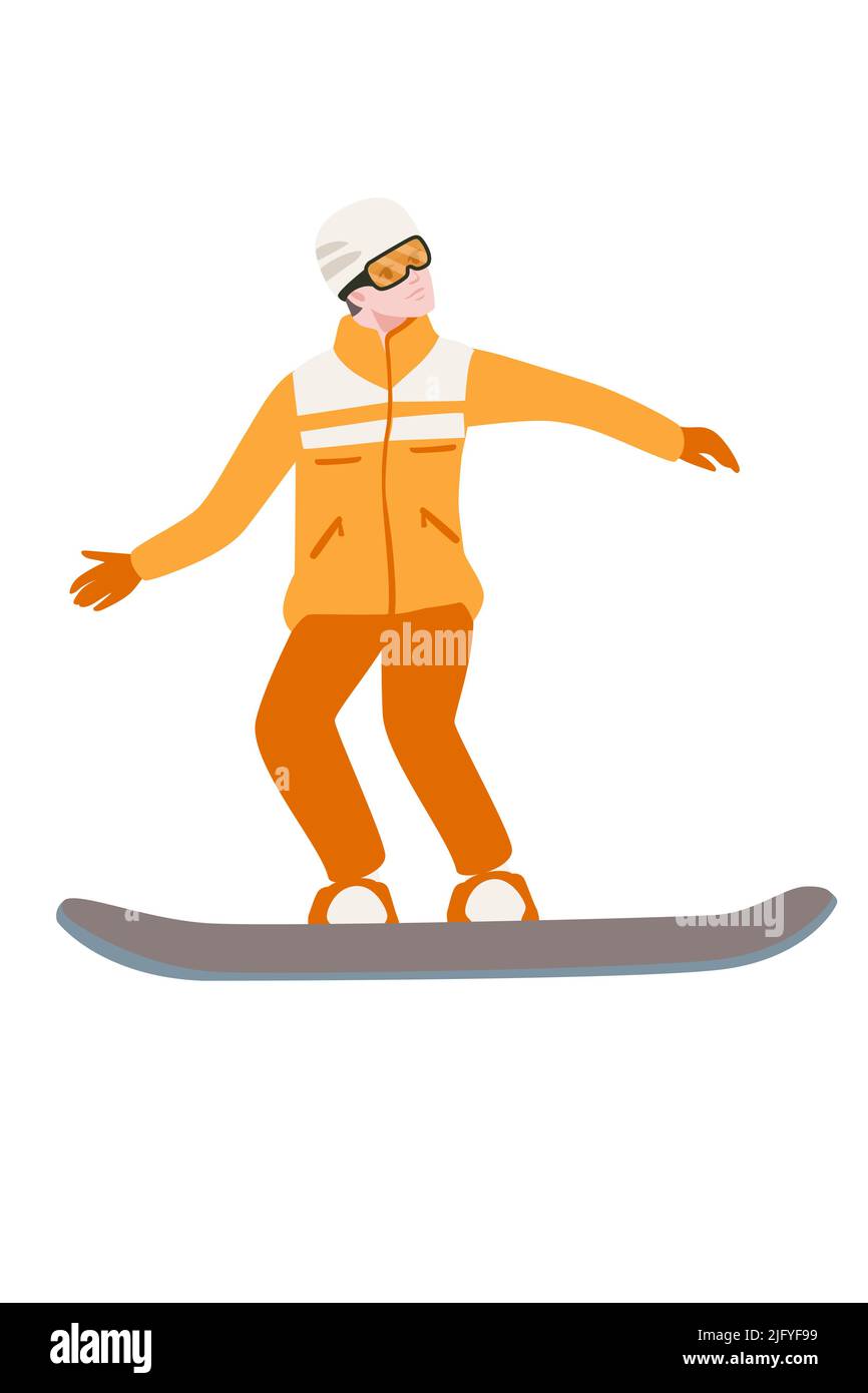 Adult snowboarder standing still with white snowboard and orange winter ...
