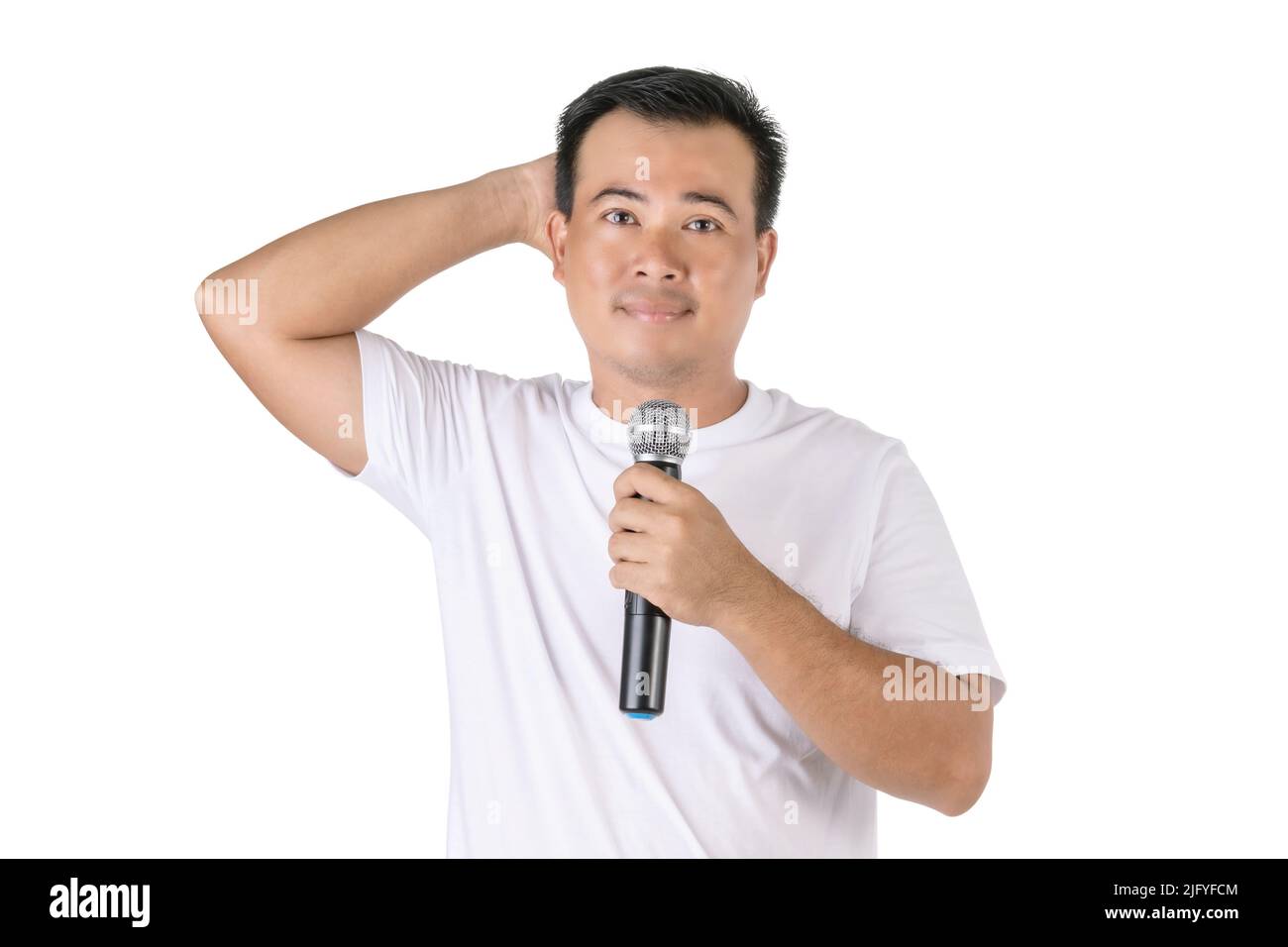 Shy or forget about speech concept. Portrait Asian man holding black ...