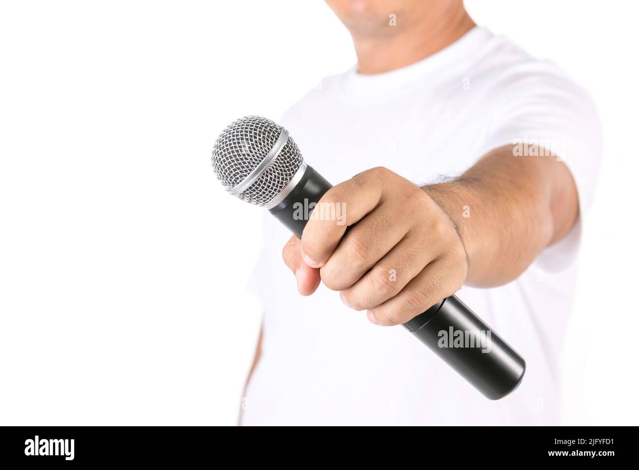 People holding black wireless microphone in studio. Isolated on white ...