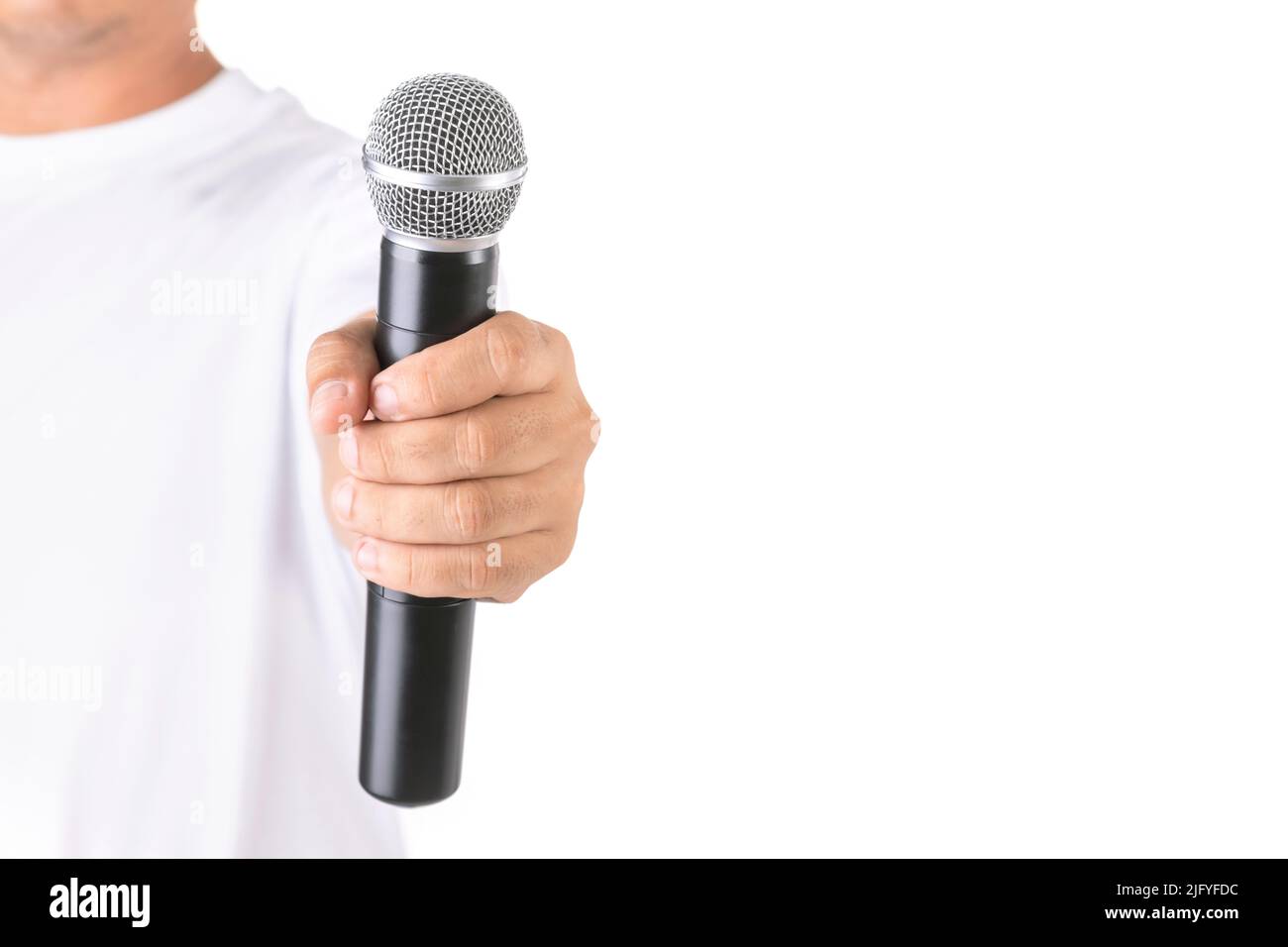 People holding black wireless microphone in studio. Isolated on white ...