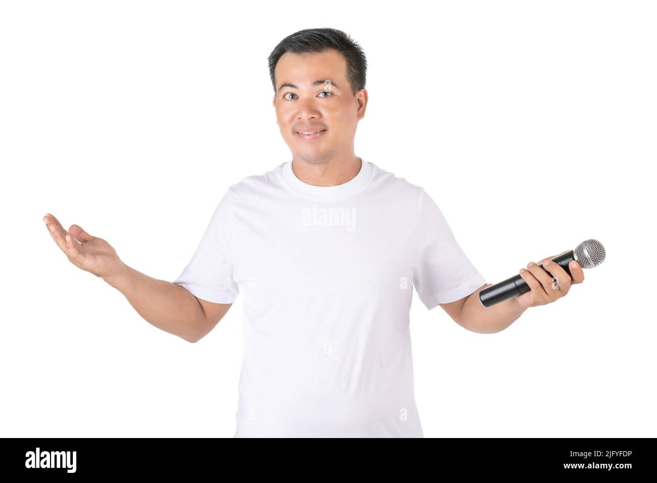 Portrait Asian man speaking to black wireless microphone with show hand ...
