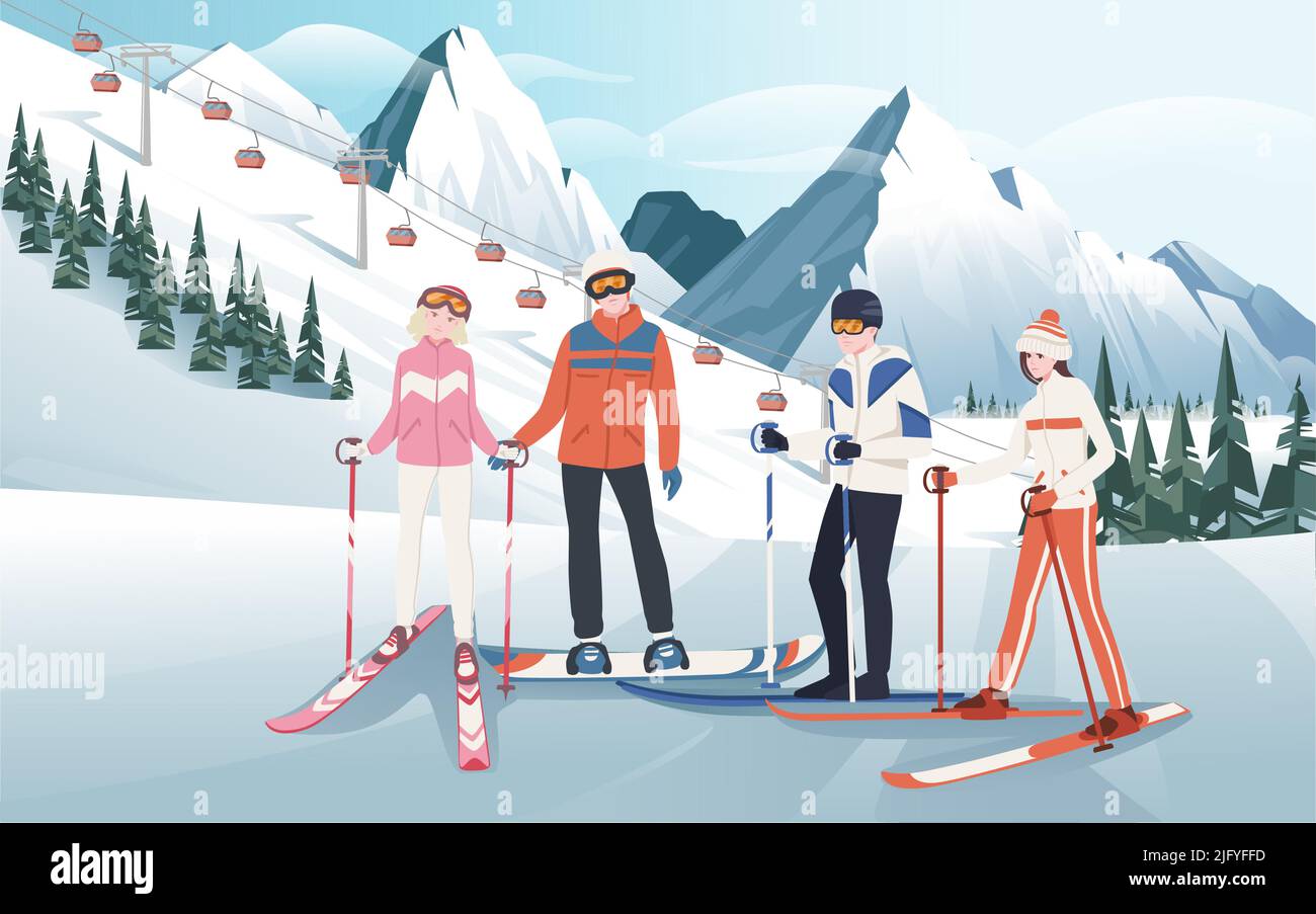 Group of skiers and snowboarder staying still on ground vector ...