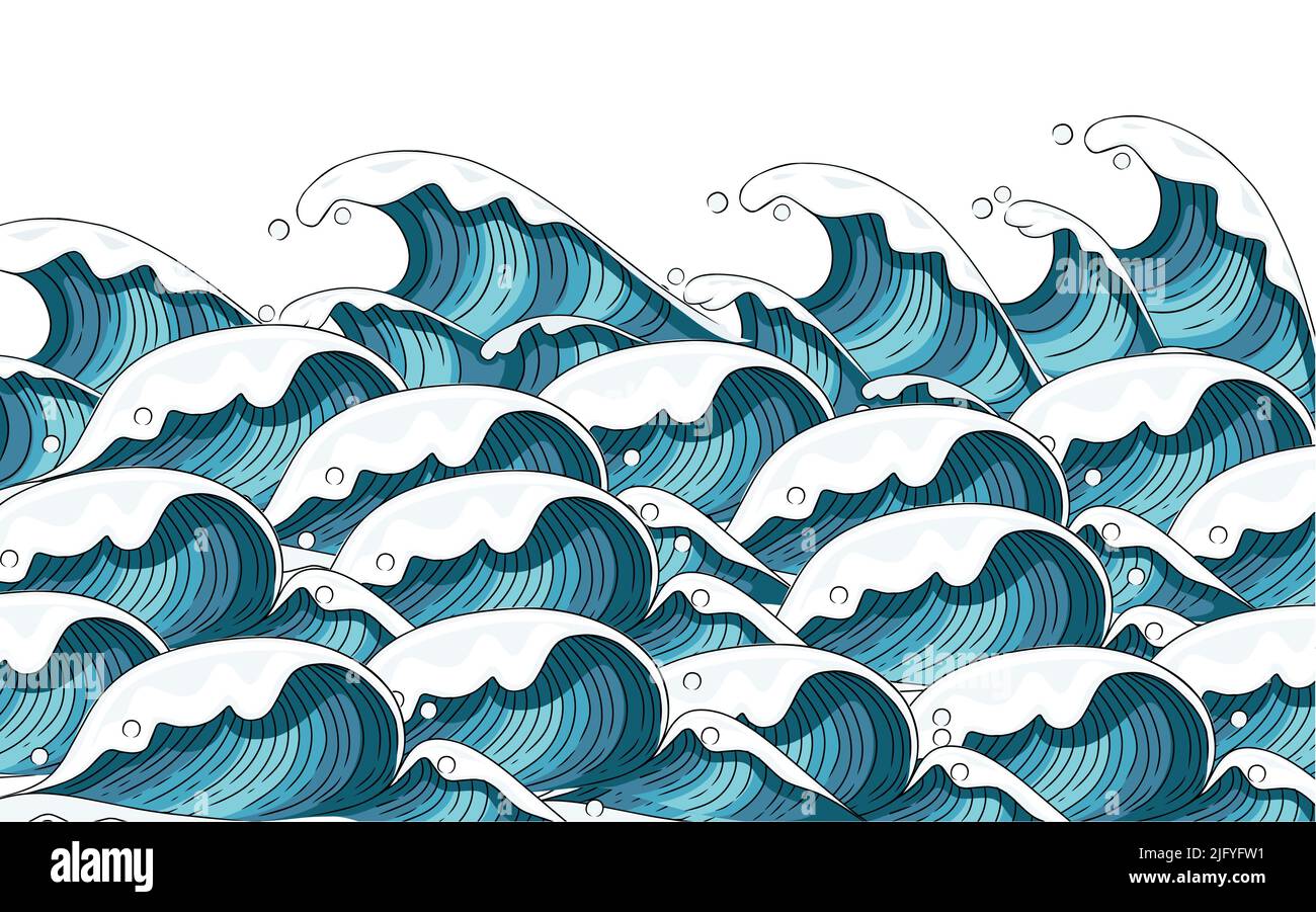 Hand drawn style Tsunami wave big blue sea wave in sketchy style vector ...