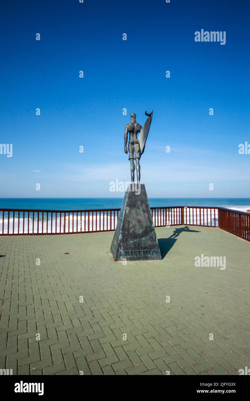 Statue of a surfer in the beach of Ribeira dIlhas World Surf Reserve ...