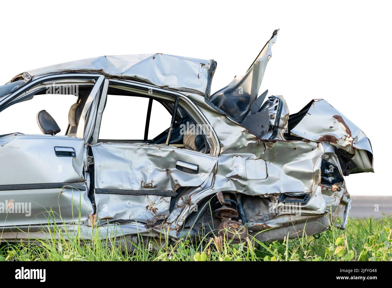 Silver modern car get serious damage by accident. Isolated on white ...