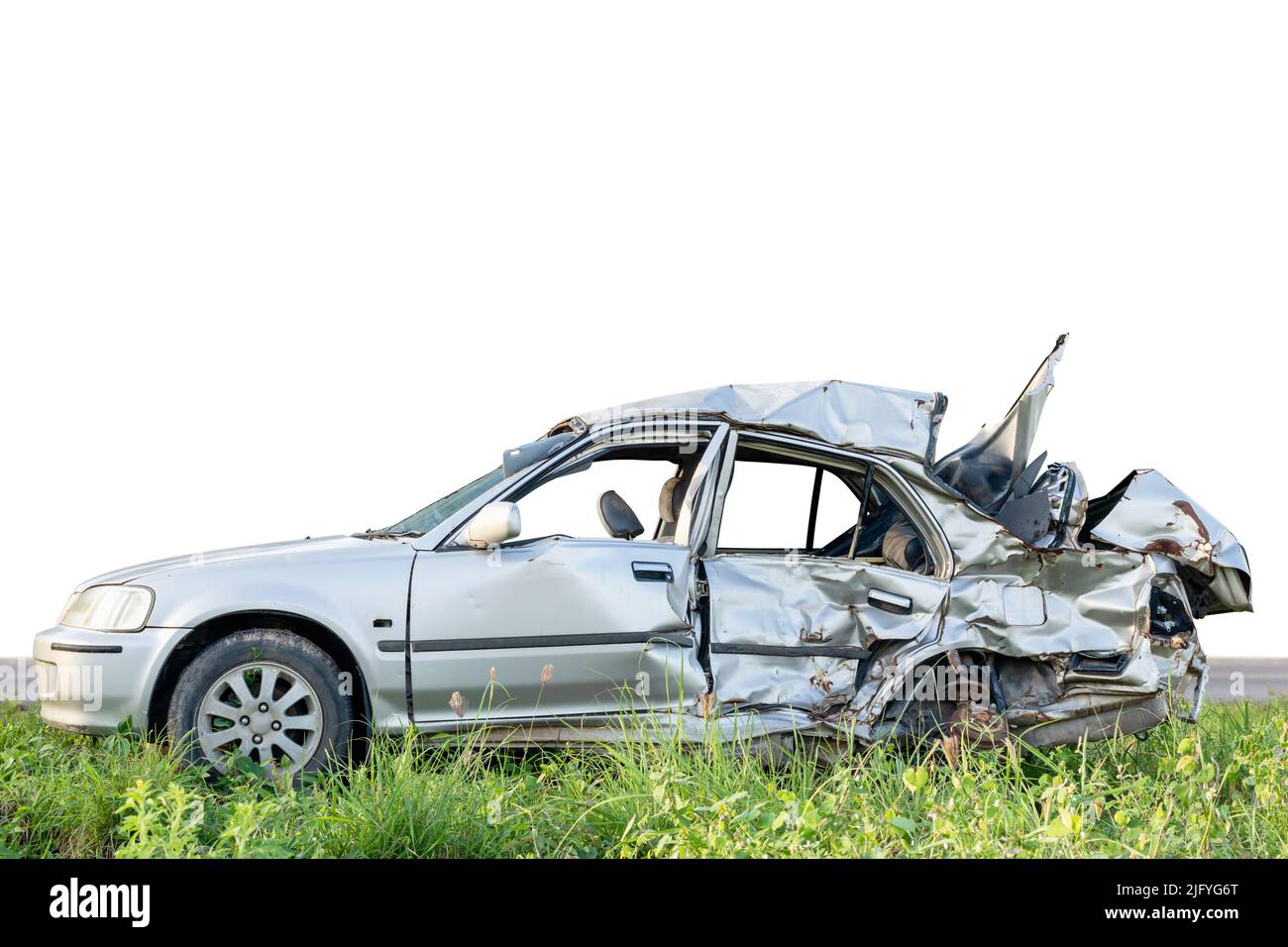 Silver modern car get serious damage by accident. Isolated on white ...