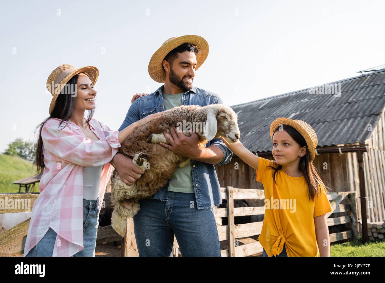 happy farmer in straw hat holding lamb near daughter and wife on farm ...