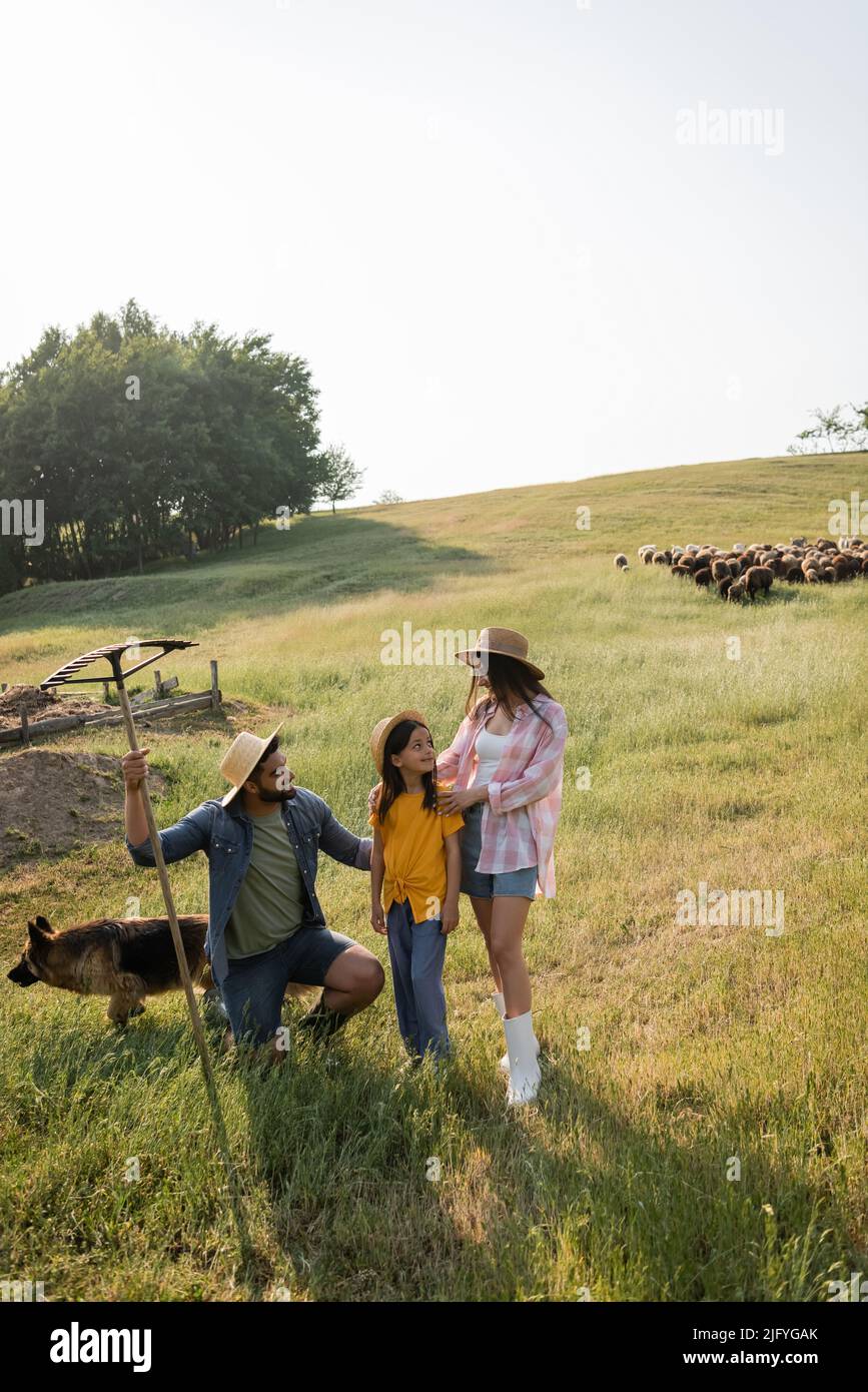 farmer with rakes near daughter and wife standing in pasture near ...