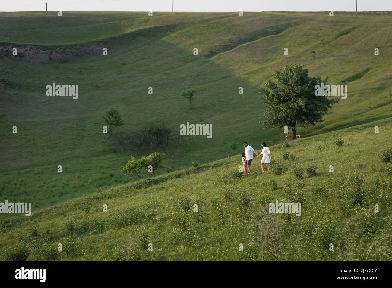 afar view of couple walking with daughter in hilly meadow on summer day ...