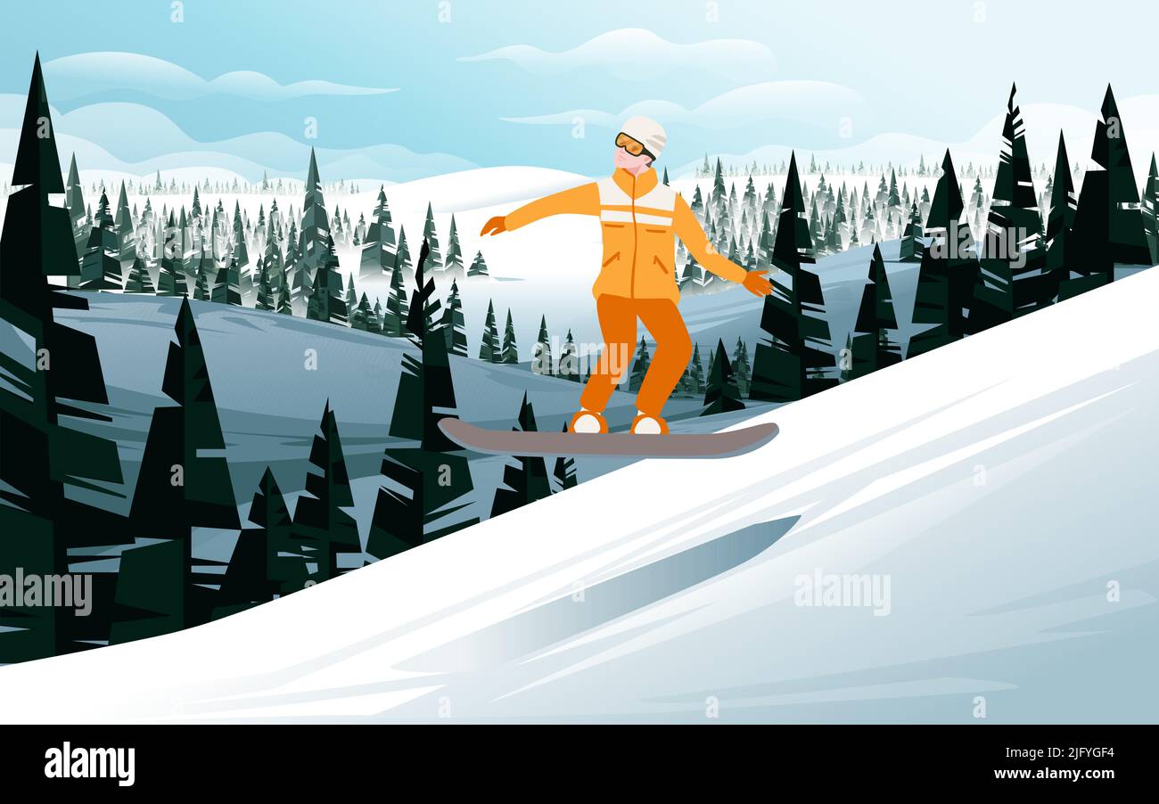 A snowboarder is speeding down a mountain on a snowboard vector ...